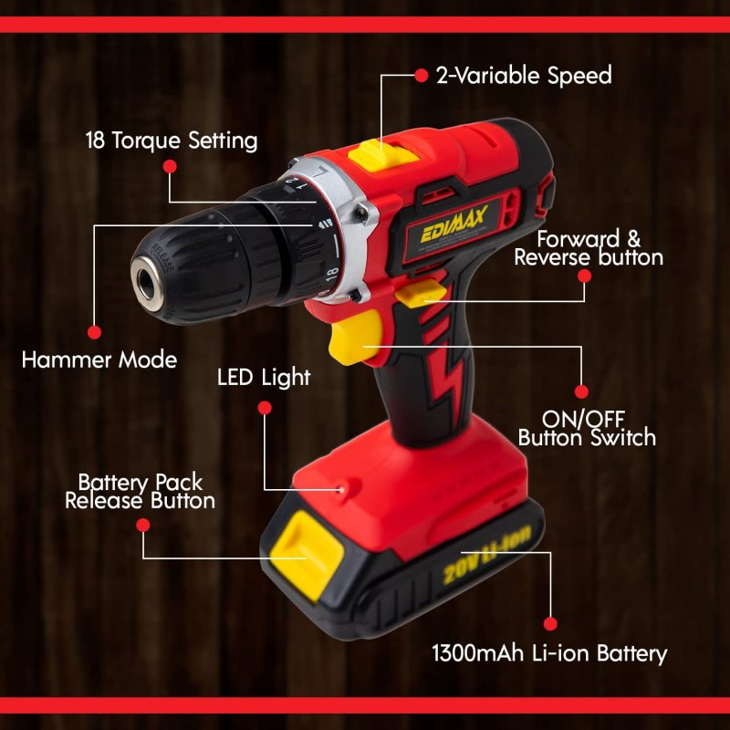 Edimax Taladro Percutor Atornillador a Batería 20V + 2 Baterías 1300mAh ...