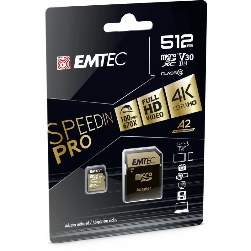 Emtec SpeedIN PRO MicroSDXC 512GB UHS-I U3 V30 Clase 10 + Adaptador SD ...