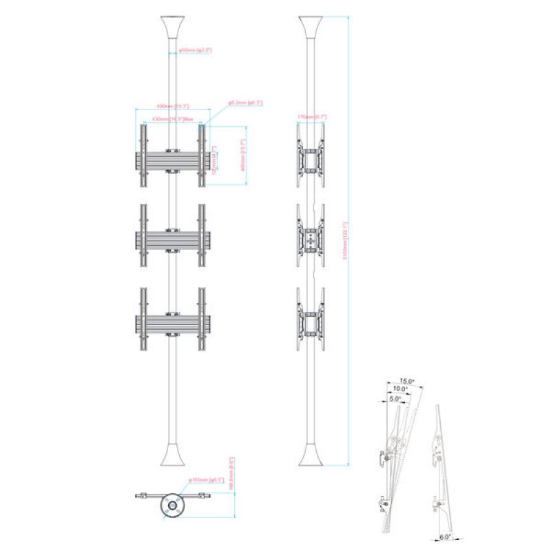 Kimex Support inclinable du sol au plafond pour 6 téléviseurs 32"-75" VESA 400x400 Max. 30Kg ...