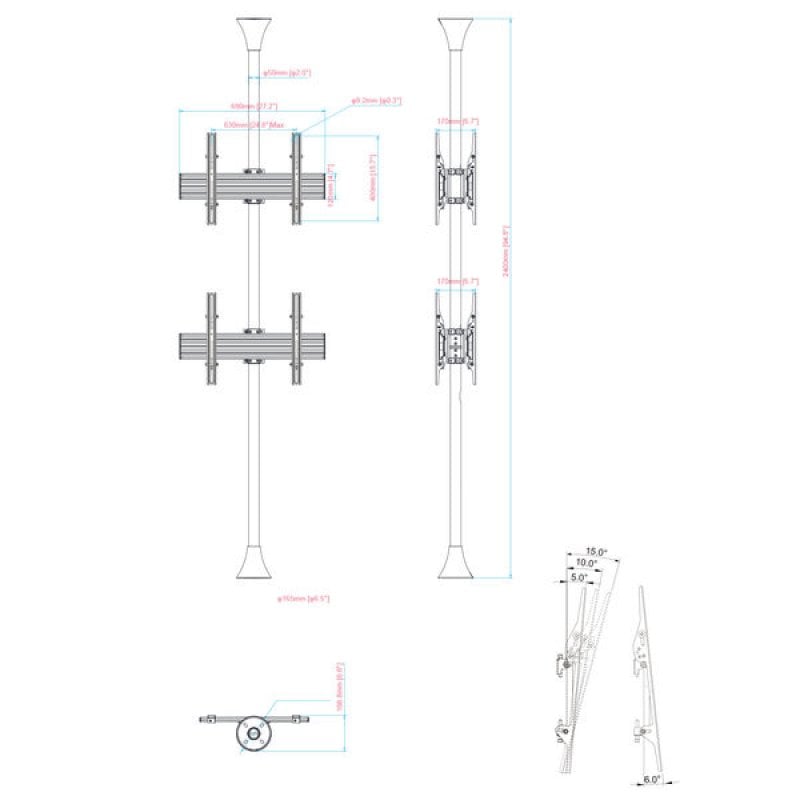Kimex Support inclinable du sol au plafond pour 4 téléviseurs 32"-75" VESA 600x400 Max. 30Kg ...