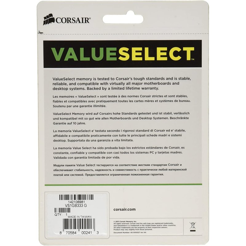 Corsair ValueSelect DDR1 333Mhz 1GB CL2.5 | PcComponentes.com