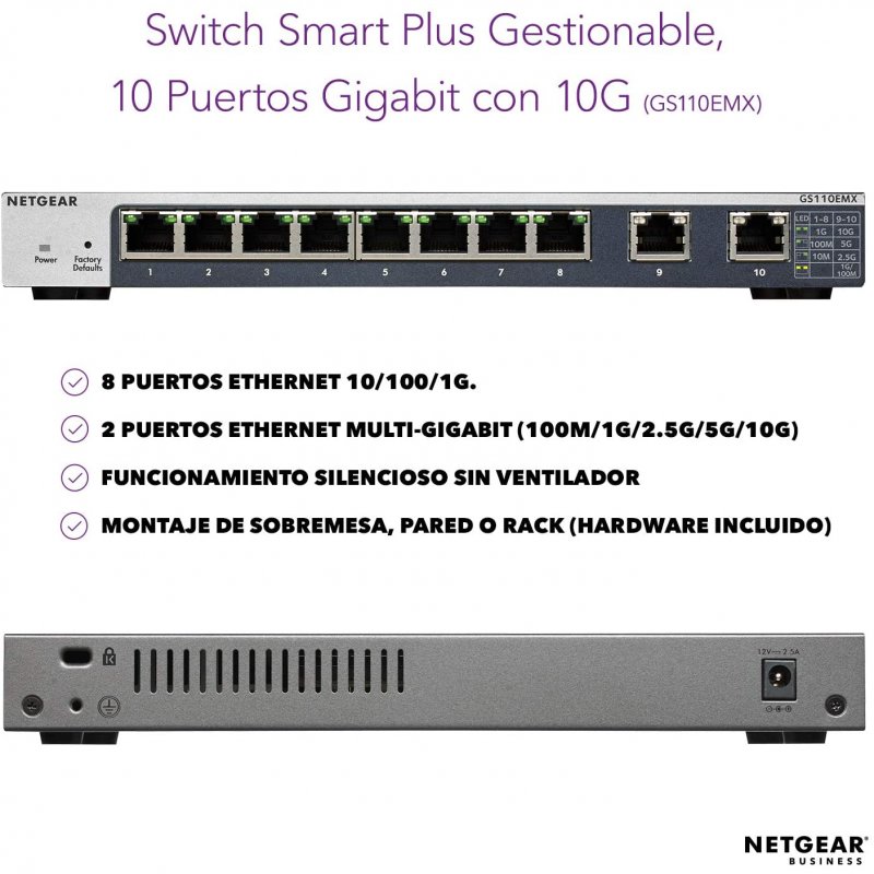Netgear GS110EMX Switch 8 Puertos Gigabit + 2 Puertos 10G ...